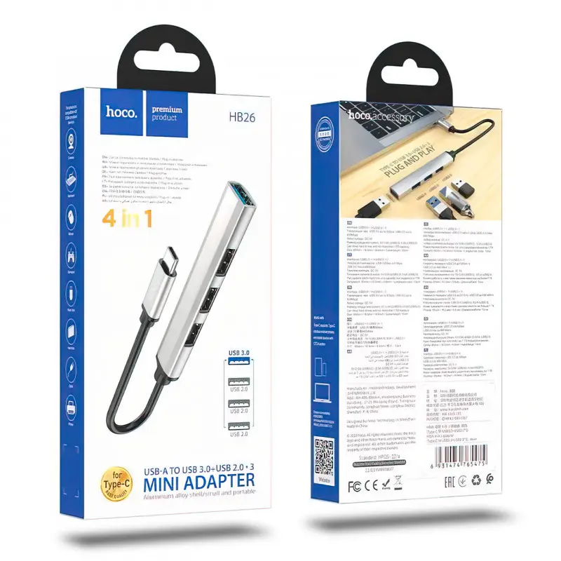 USB HUB адаптер-перехідник HOCO HB26 4в1 з Type-C на USB3.0+USB2.0x3 ...